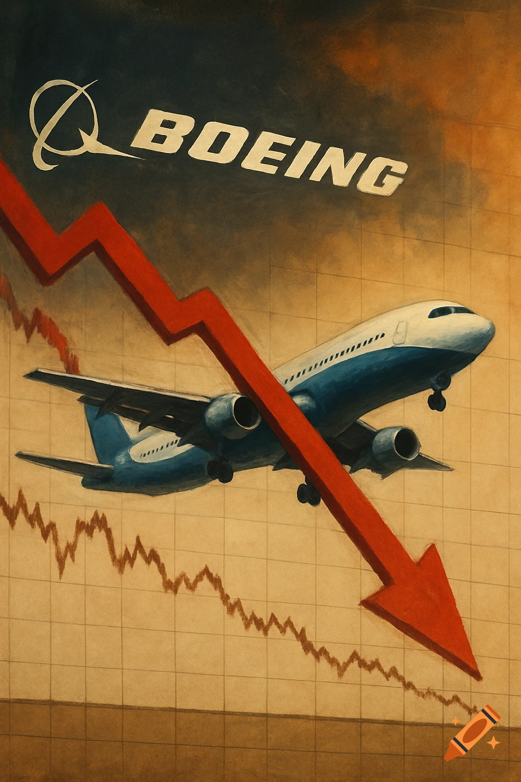 A Boeing plane is flying over a downward trending stock chart with a ...
