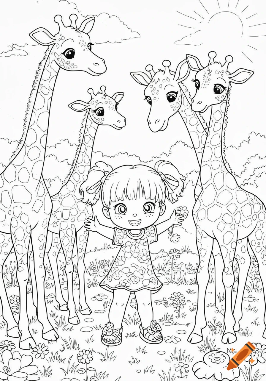 Coloring page of a girl with pigtails surrounded by four giraffes in a ...