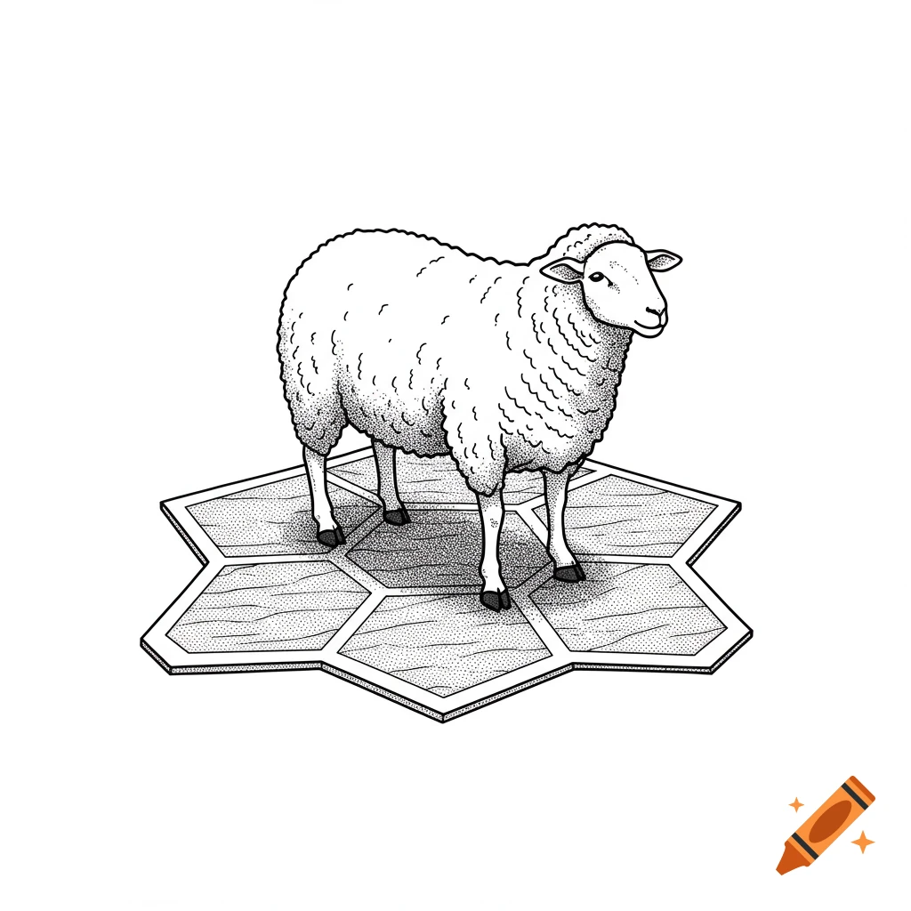 Black and white outline illustration of a sheep standing on hexagonal ...