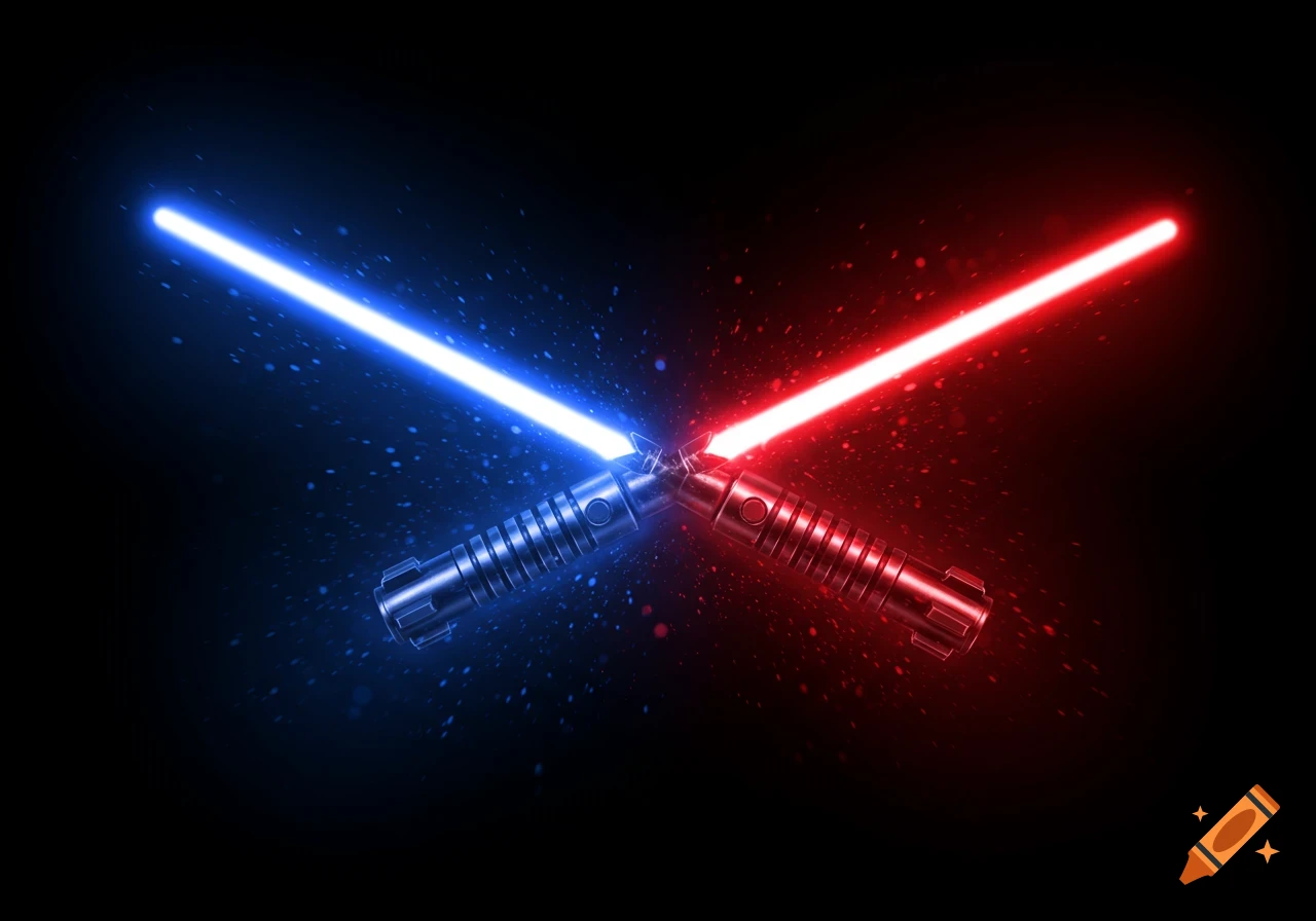 A blue and red light saber crossing on a black background. on Craiyon