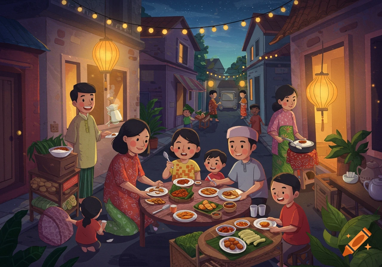 A family eating together in a street scene at night with lanterns. on ...