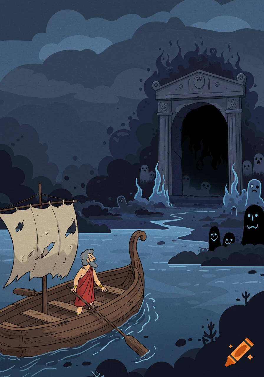 Cartoon illustration of a figure in a boat rowing towards a dark ...