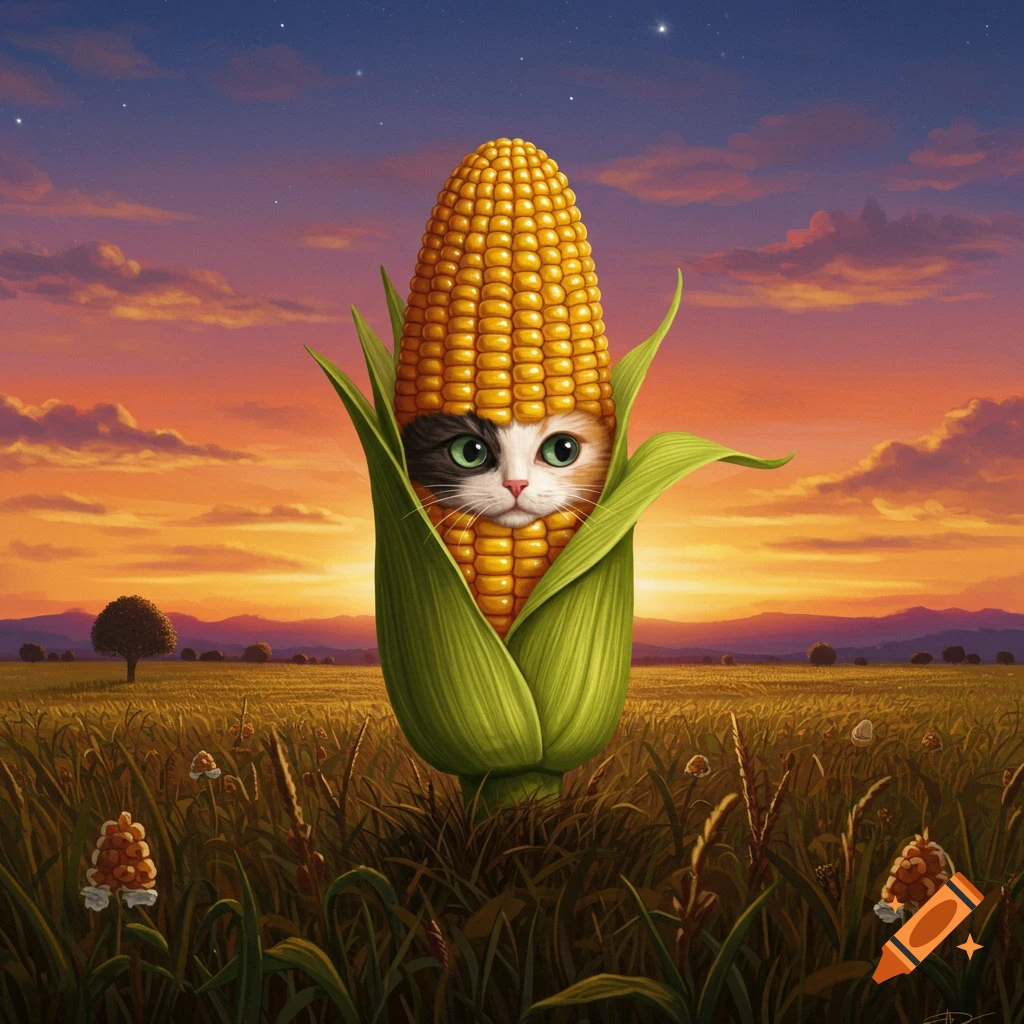Italian brain rot cat-corn character in prairie sunset on Craiyon