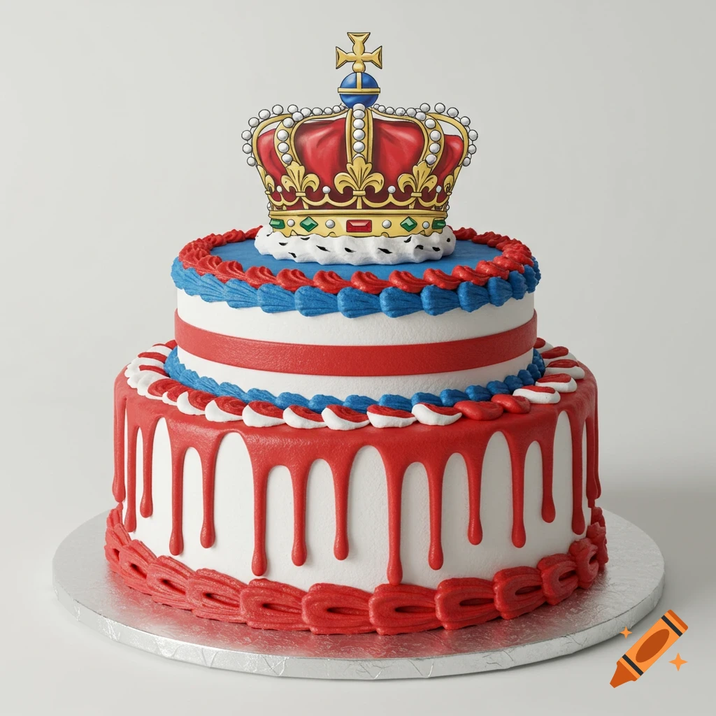 Cartoon of a royal cake with red, white, and blue icing and a crown. on ...