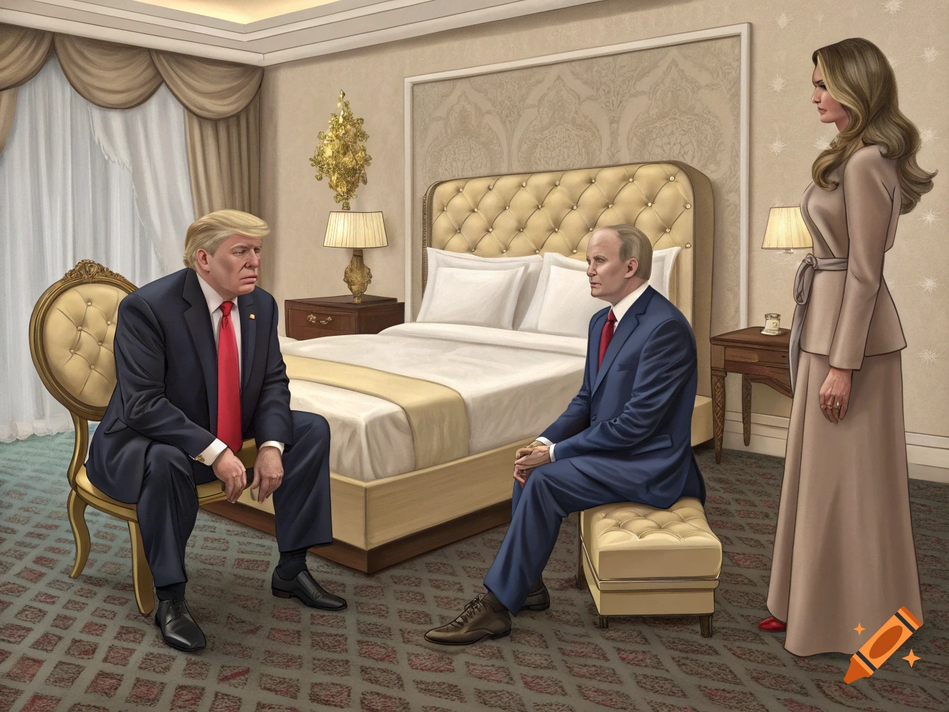 Painting of Donald Trump, Vladimir Putin, and Melania Trump in a hotel ...
