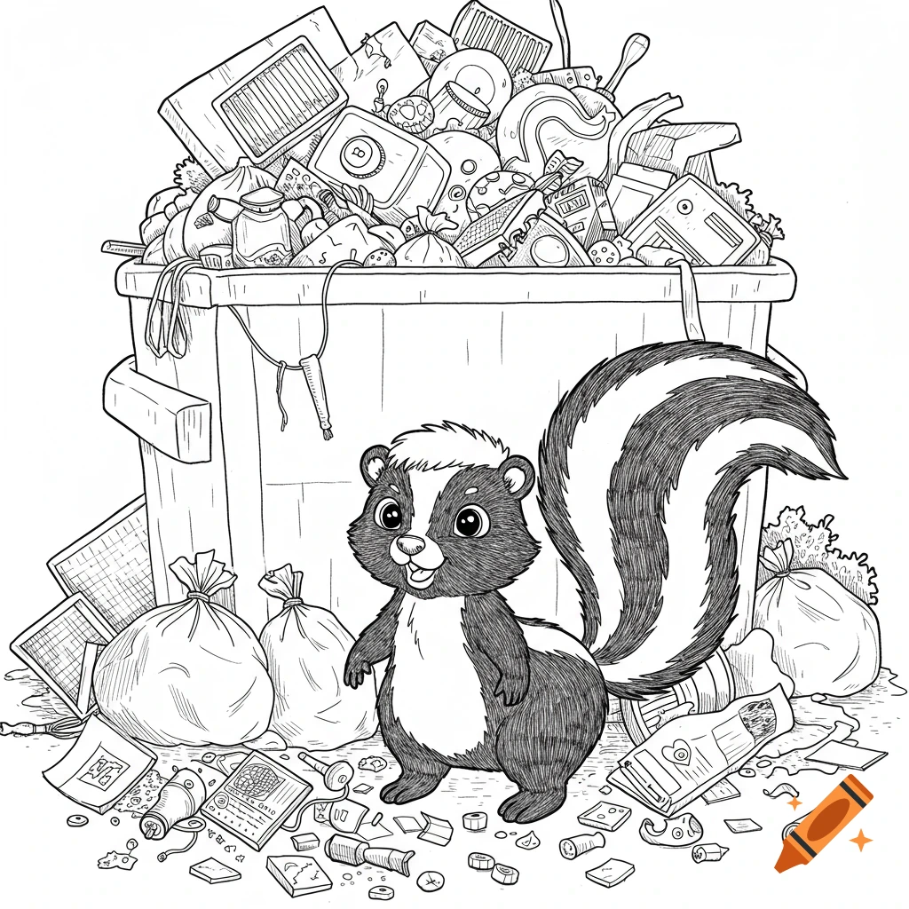 Magical skunk in a dumpster line drawing on Craiyon