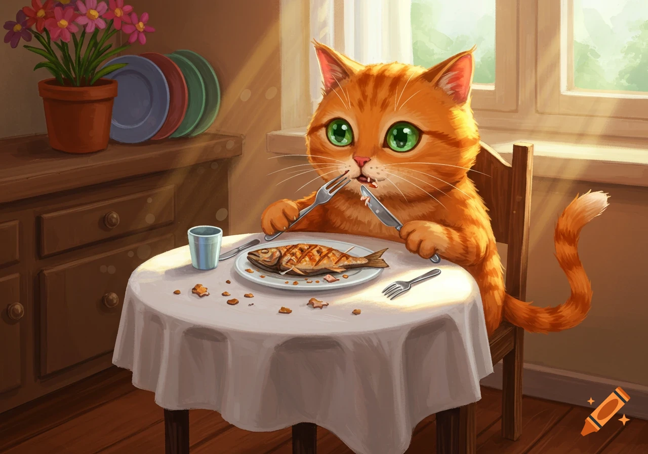 Cat eating fish at a table with utensils on Craiyon