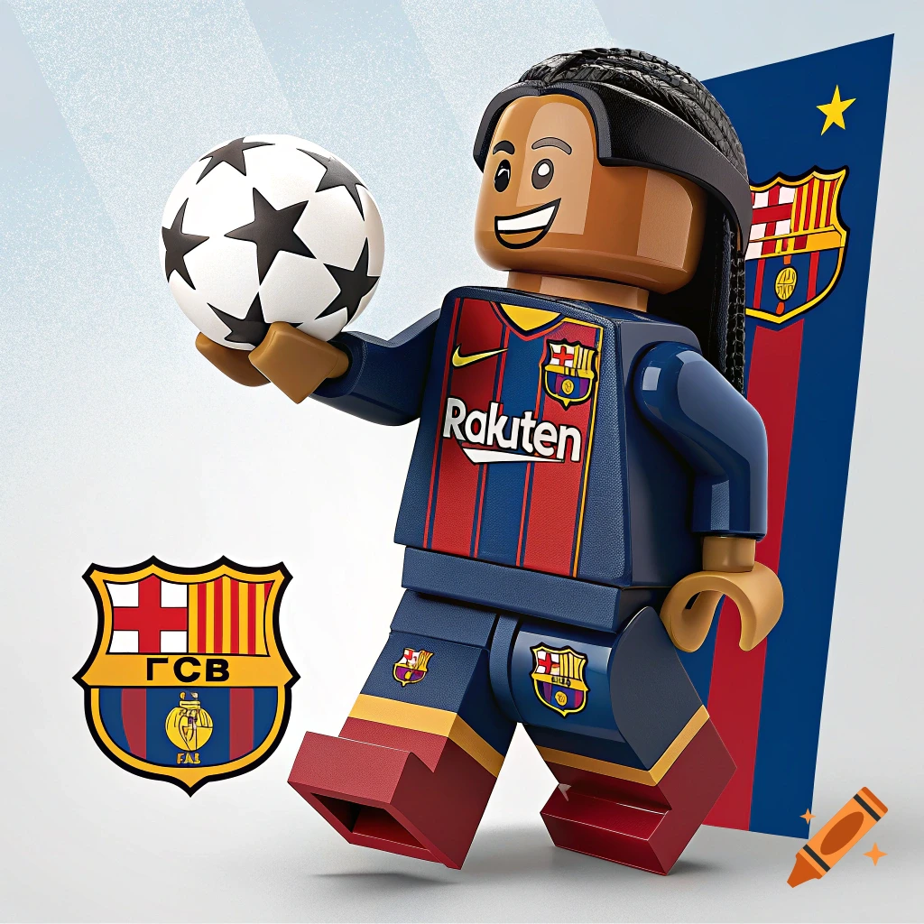 LEGO minifigure in blue and red soccer kit holds a soccer ball ...