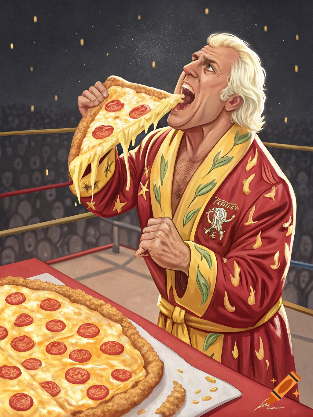 Ric Flair eating a giant slice of pizza in a wrestling ring ...