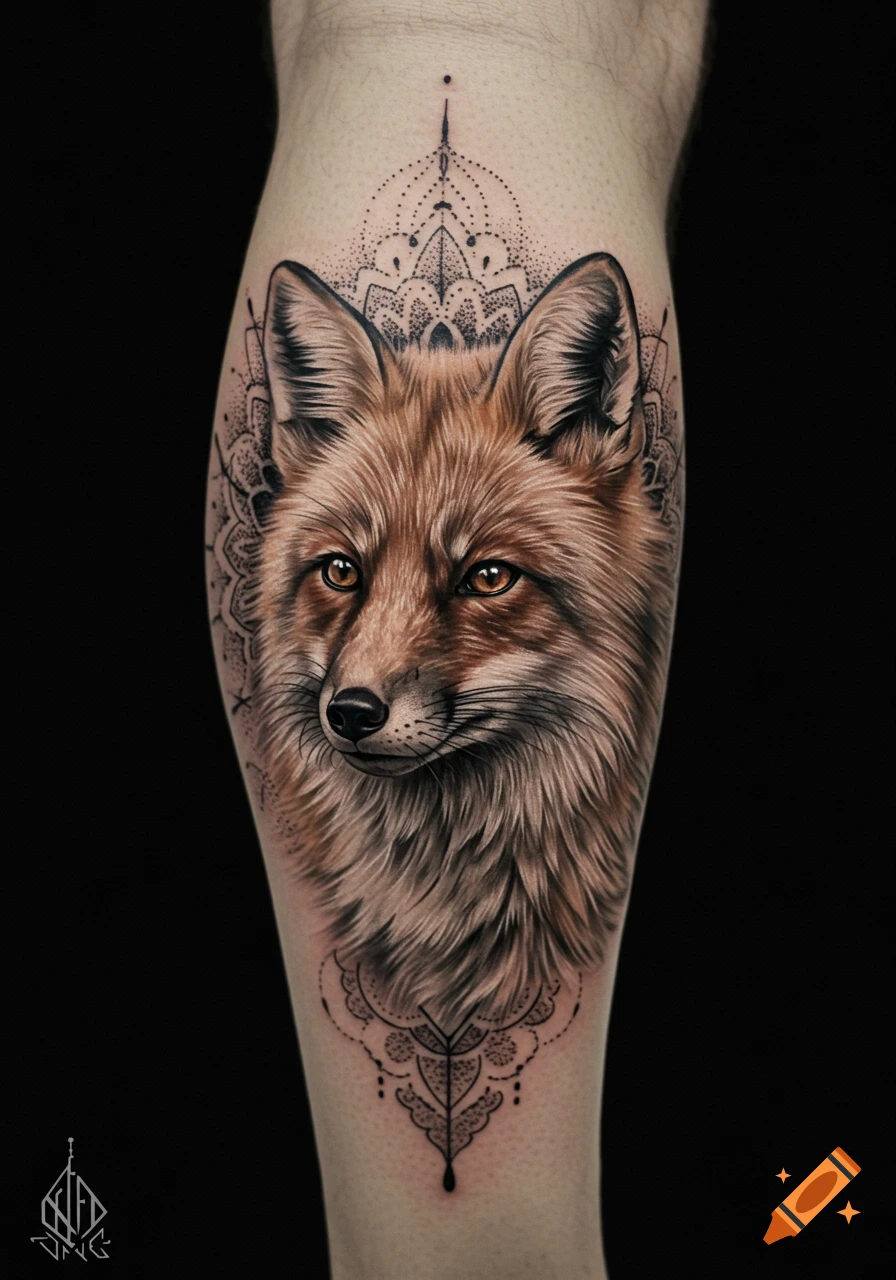 Realistic tattoo of a fox portrait with dot work detail on a leg. on Craiyon