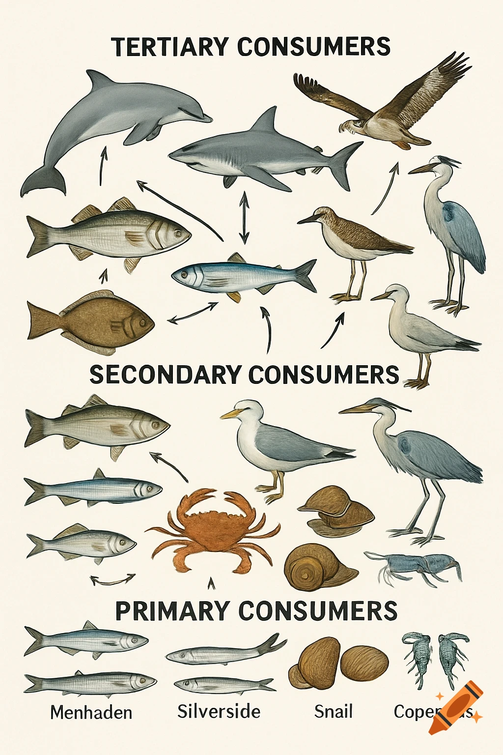 Illustration of a forest food web diagram showing producers, consumers ...