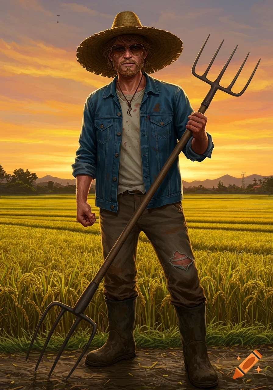 A rugged farmer wearing a straw hat and sunglasses stands in a golden ...