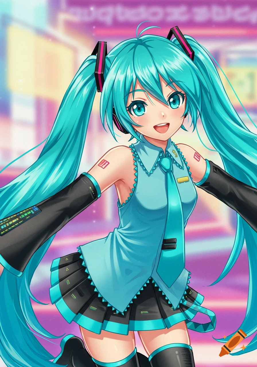 Hatsune Miku in a striped bikini holding a beach ball on a sunny beach ...