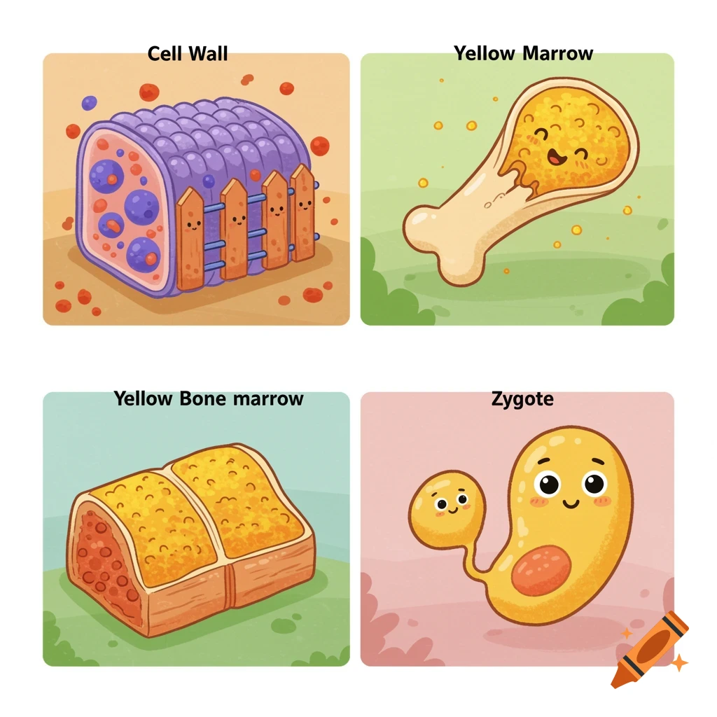 Cartoon illustrations of a cell wall, yellow marrow, yellow bone marrow ...