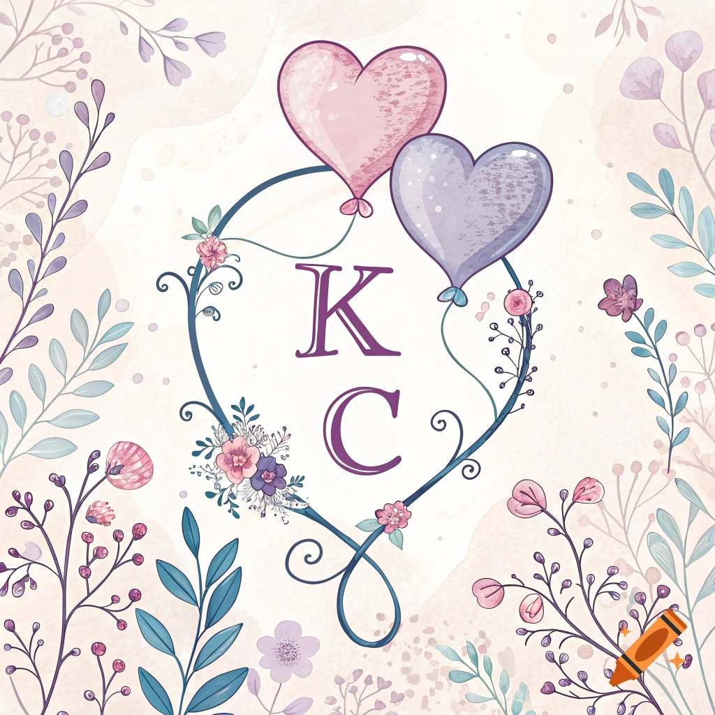 Letters K and C inside a heart-shaped floral frame with heart balloons ...