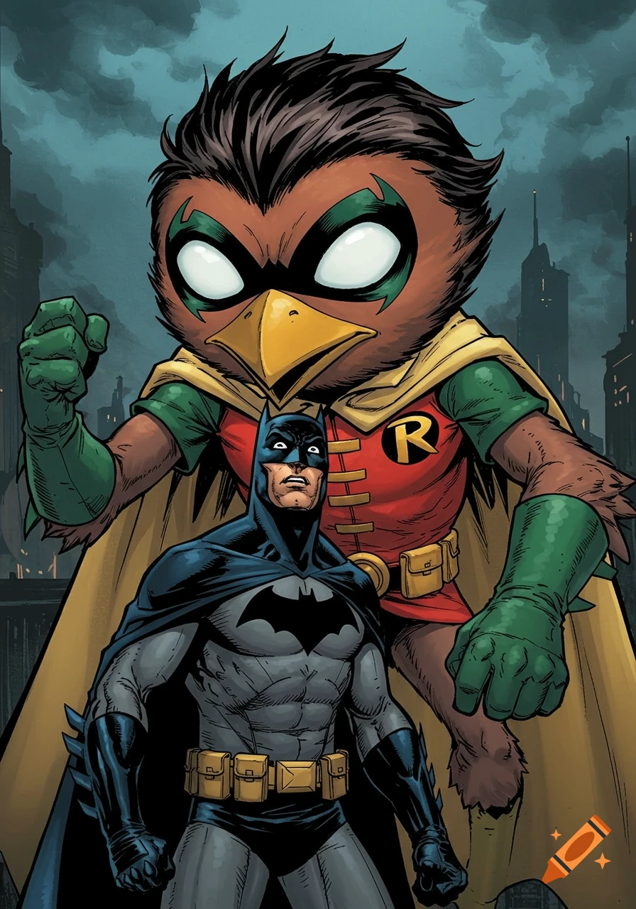 Batman stands with a giant bird wearing Robin's costume in a comic book ...