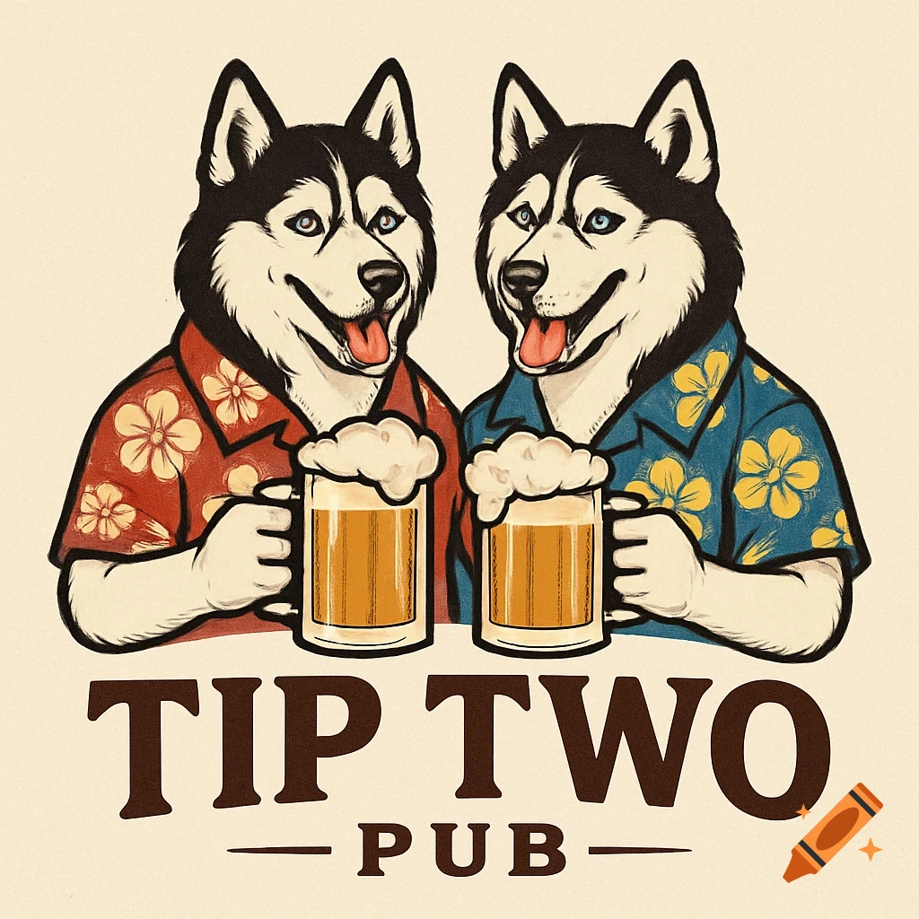 TIP TWO pub logo with huskies in Hawaiian shirts drinking beer on Craiyon