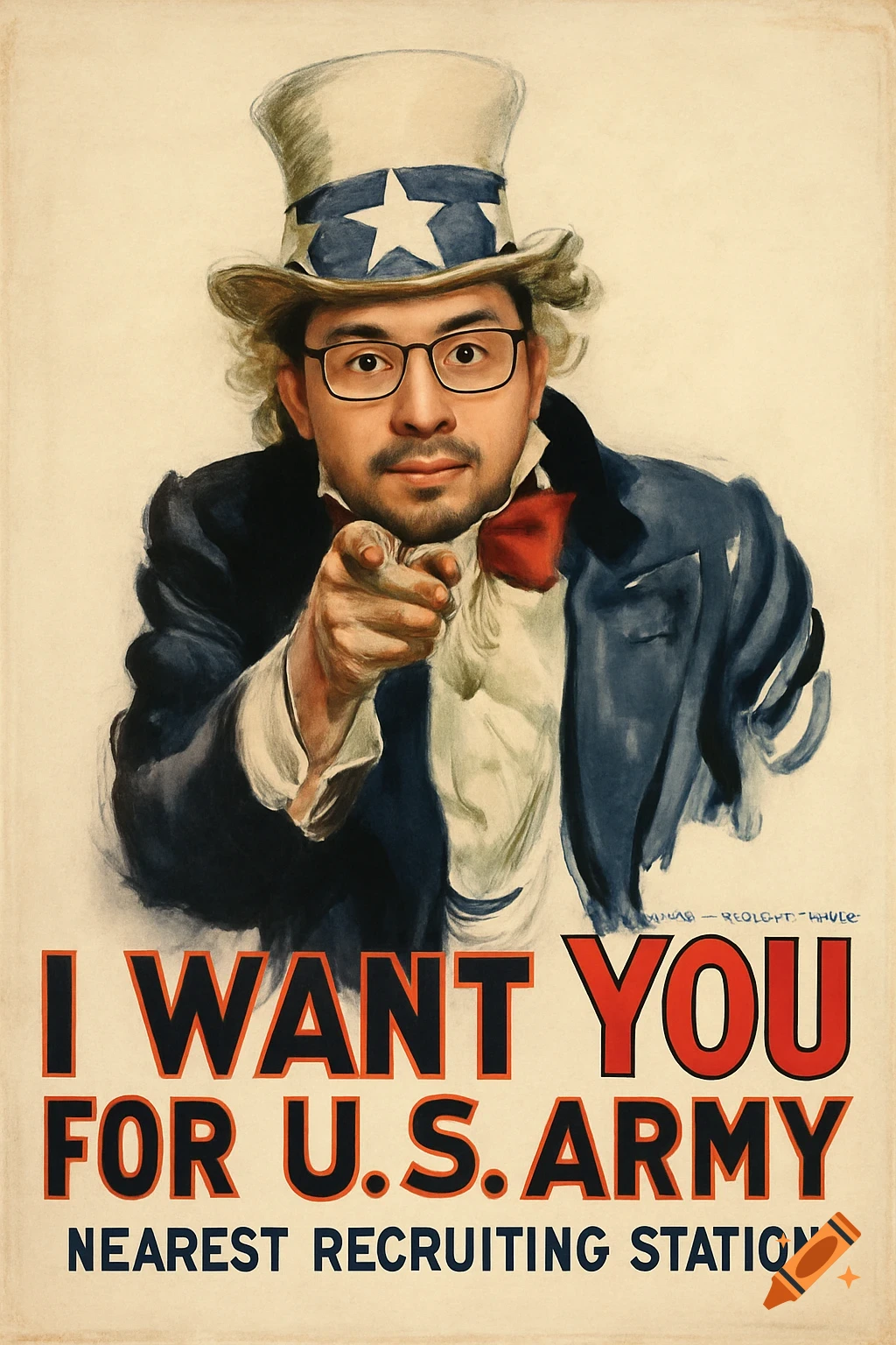 Painting of Uncle Sam pointing forward, with text 'I WANT YOU FOR ...