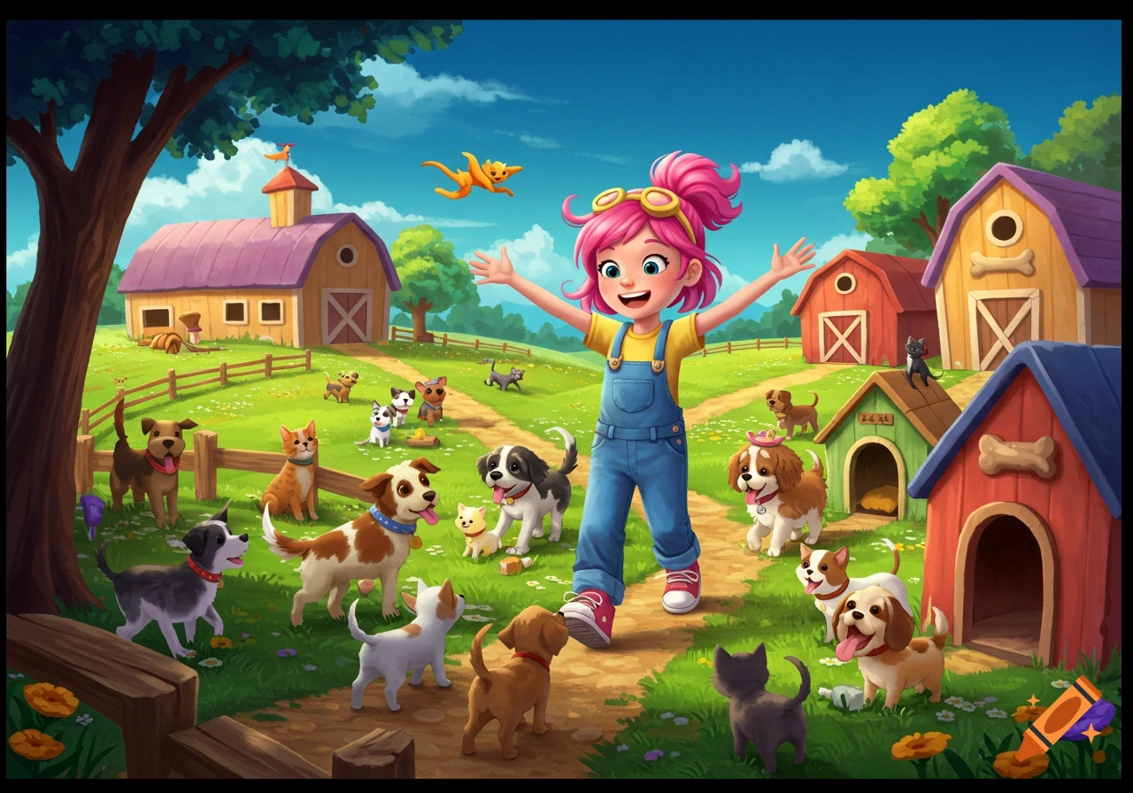 Girl saving dogs and cats on a farm on Craiyon