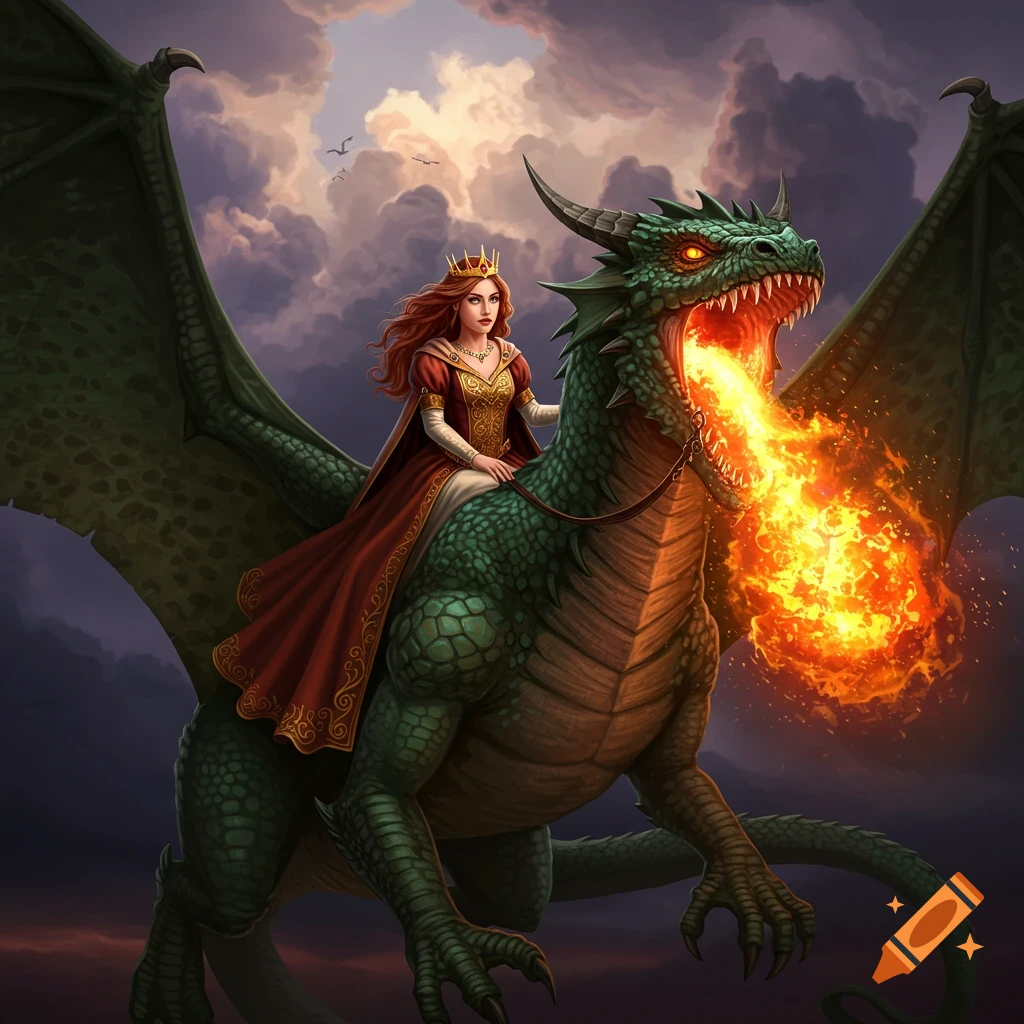 A princess riding a fire-breathing dragon. on Craiyon