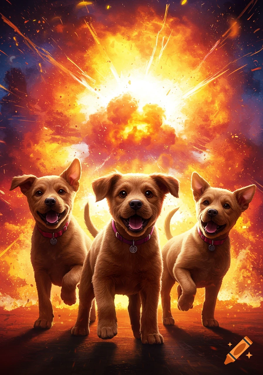 Three brown puppies stand happily in front of a bright orange explosion ...