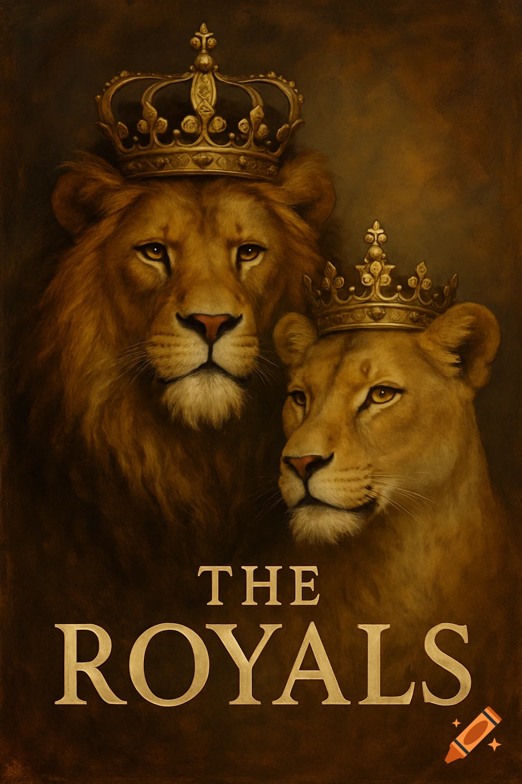 A lion and lioness wearing golden crowns with the text "THE ROYALS ...