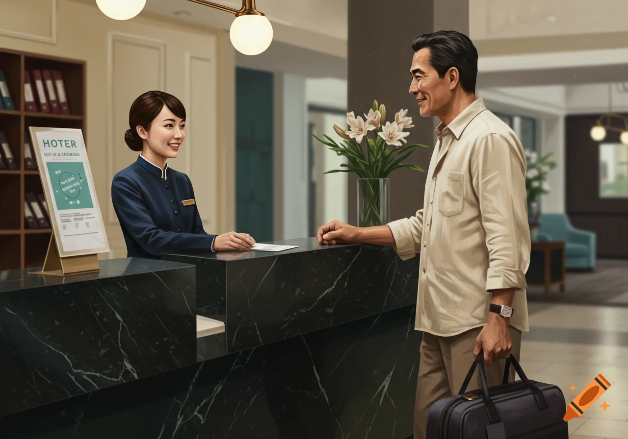 Two people at a hotel check-in counter, one female staff and one male ...