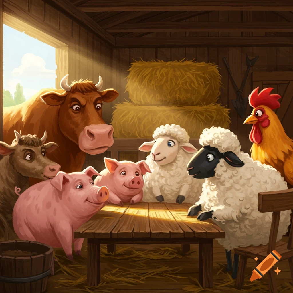 Cartoon farm animals (cow, sheep, pig, horse) standing in a barn ...