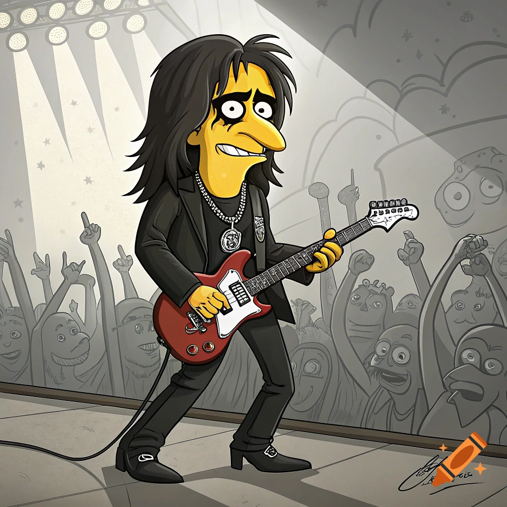 A character in The Simpsons style, resembling Alice Cooper with his ...