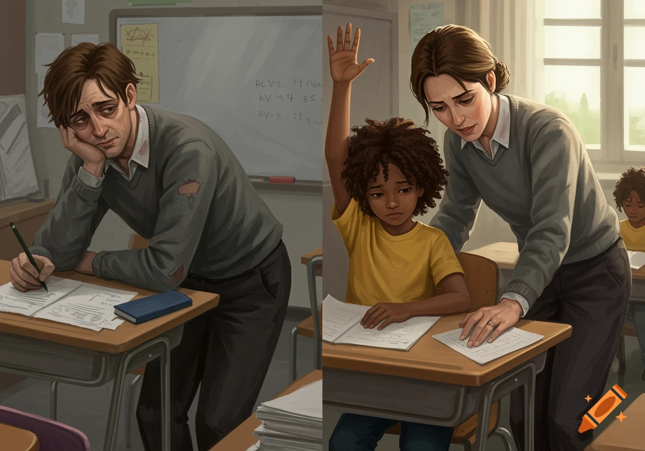 Teacher neglecting student vs. helping student illustration on Craiyon