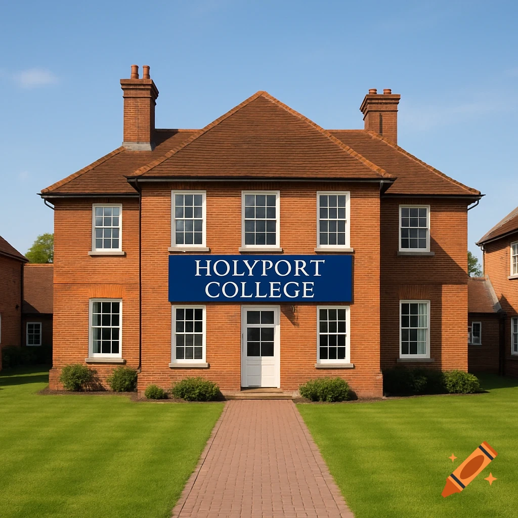 A photorealistic image of a red brick college building with a blue Holyport College sign above ...