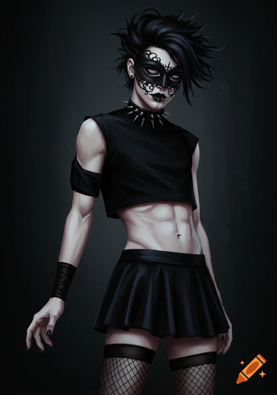 Goth boy with fishnets, mini skirt, black mask, and crop top on Craiyon