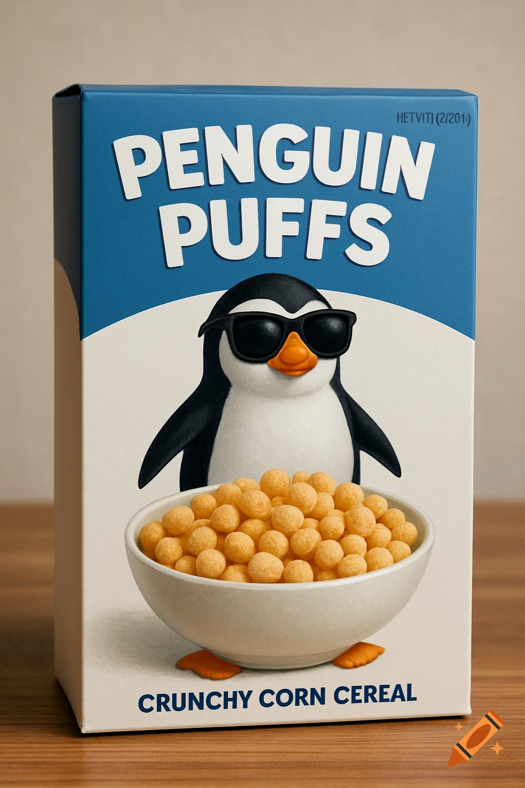 Penguin Puffs cereal box with penguin mascot on Craiyon