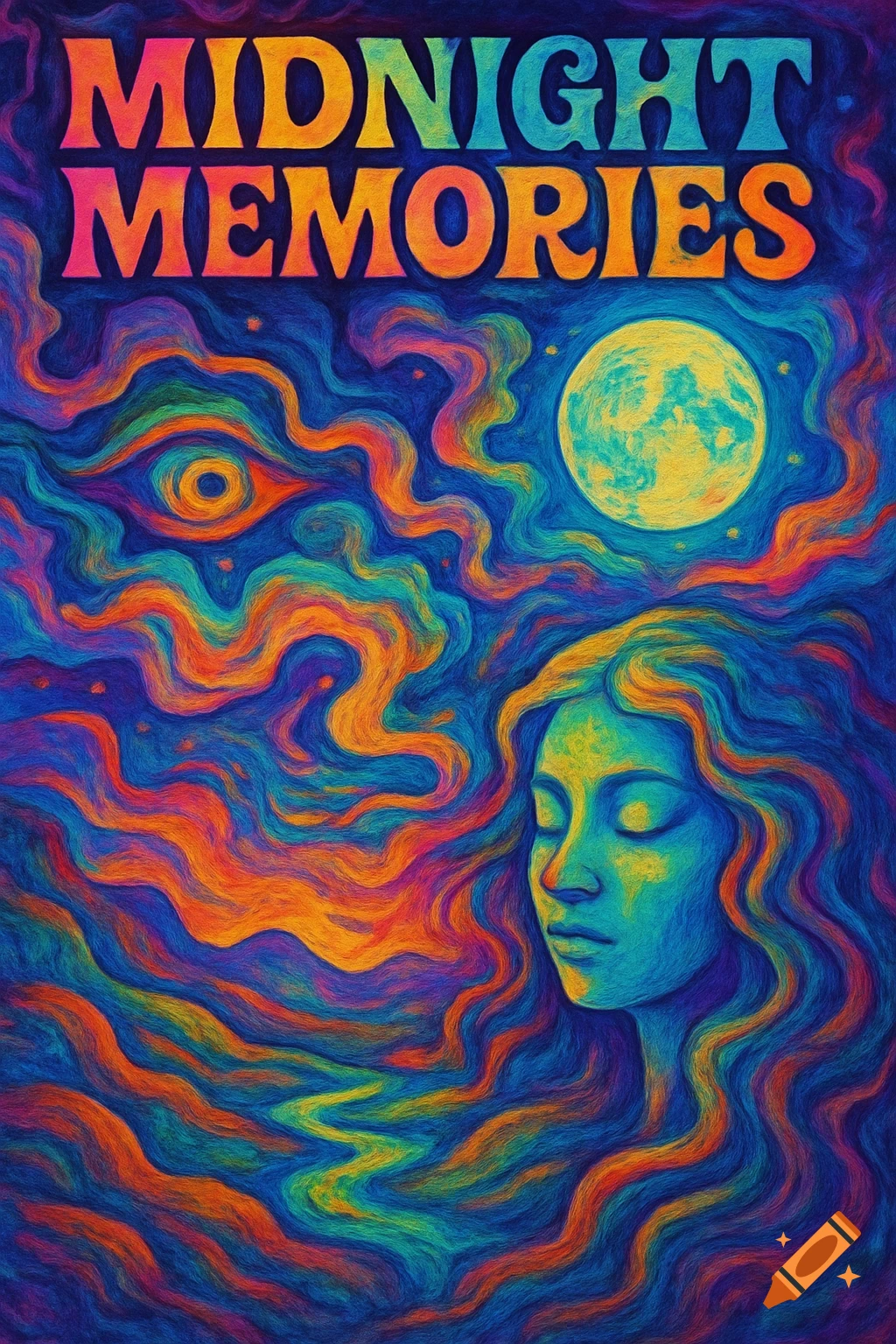 Psychedelic portrait with closed eyes, swirling colorful waves, an eye ...