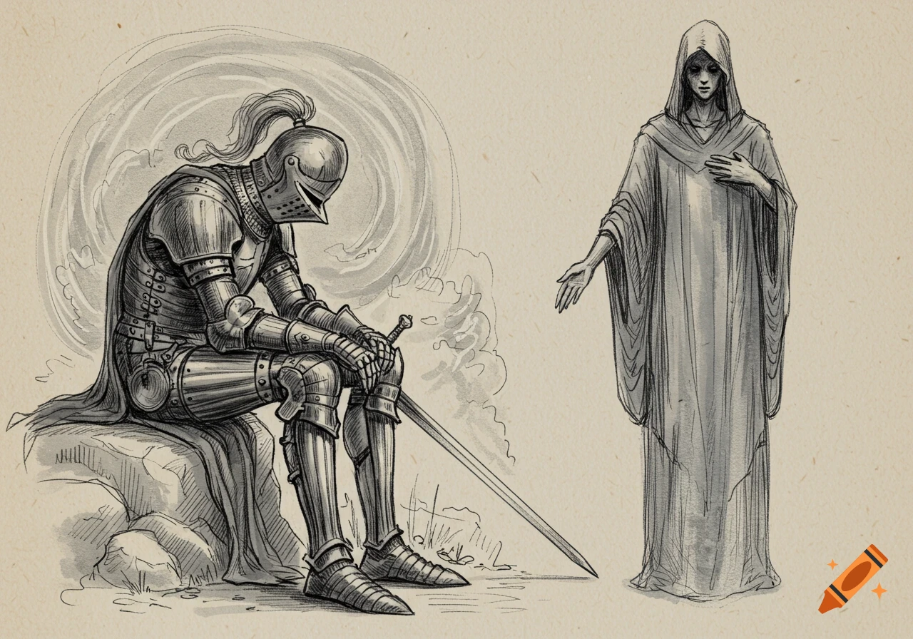 Hand-drawn illustration of a knight in despair with a mysterious figure ...