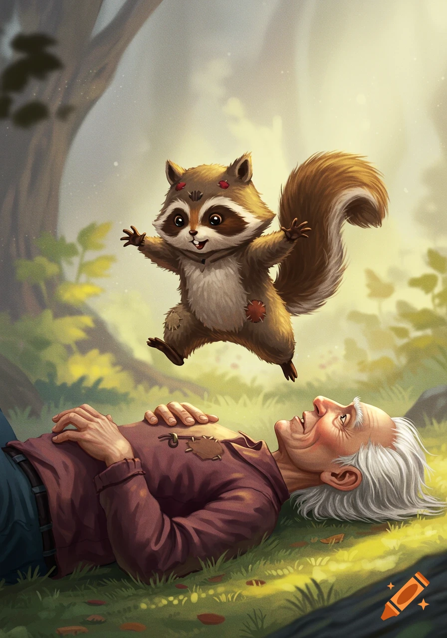 A cartoon raccoon is shown jumping on an old man who is lying in a ...