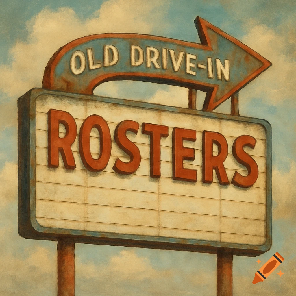 Old drive-in marquee with the word ROSTERS on Craiyon