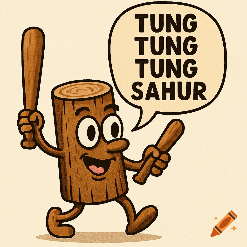 Cartoon log character holding bats and saying 'tung tung tung sahur' on ...