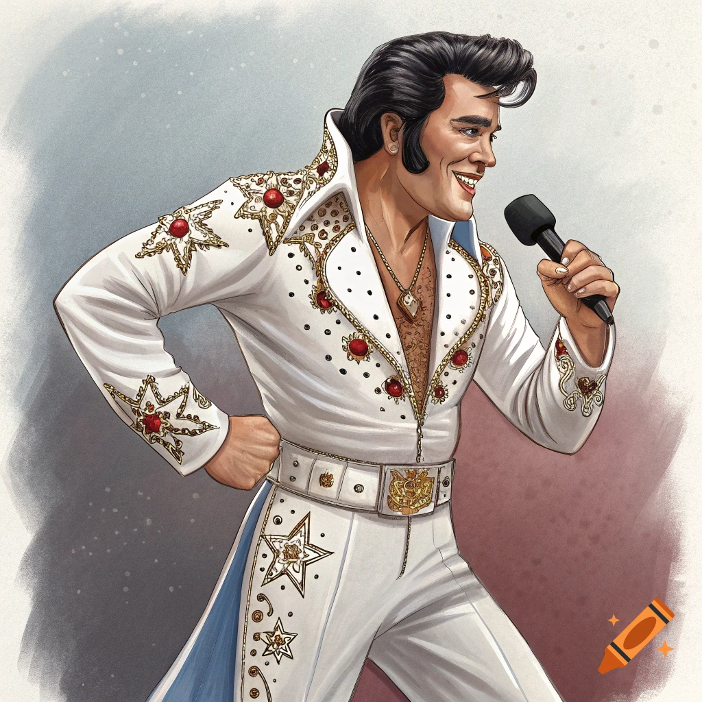 Illustration of Elvis Presley in a white jumpsuit singing into a ...