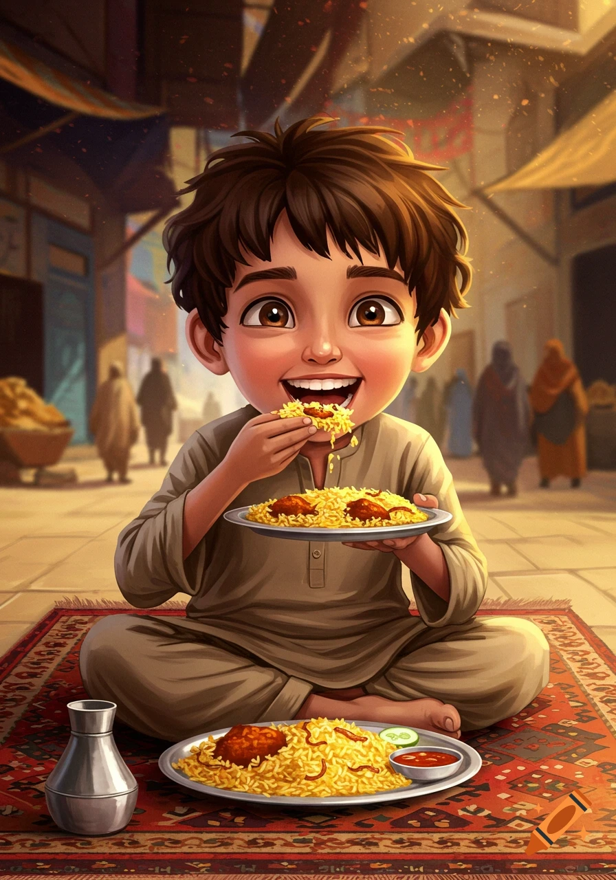 A happy boy eating a plate of biryani in a market. on Craiyon
