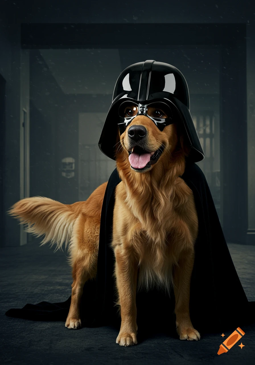 A Golden Retriever dog wearing a Darth Vader costume. on Craiyon