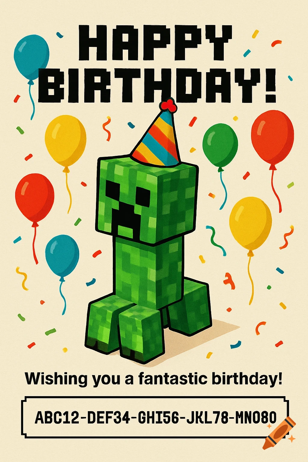 Illustration of a Minecraft Creeper in a party hat with balloons and ...