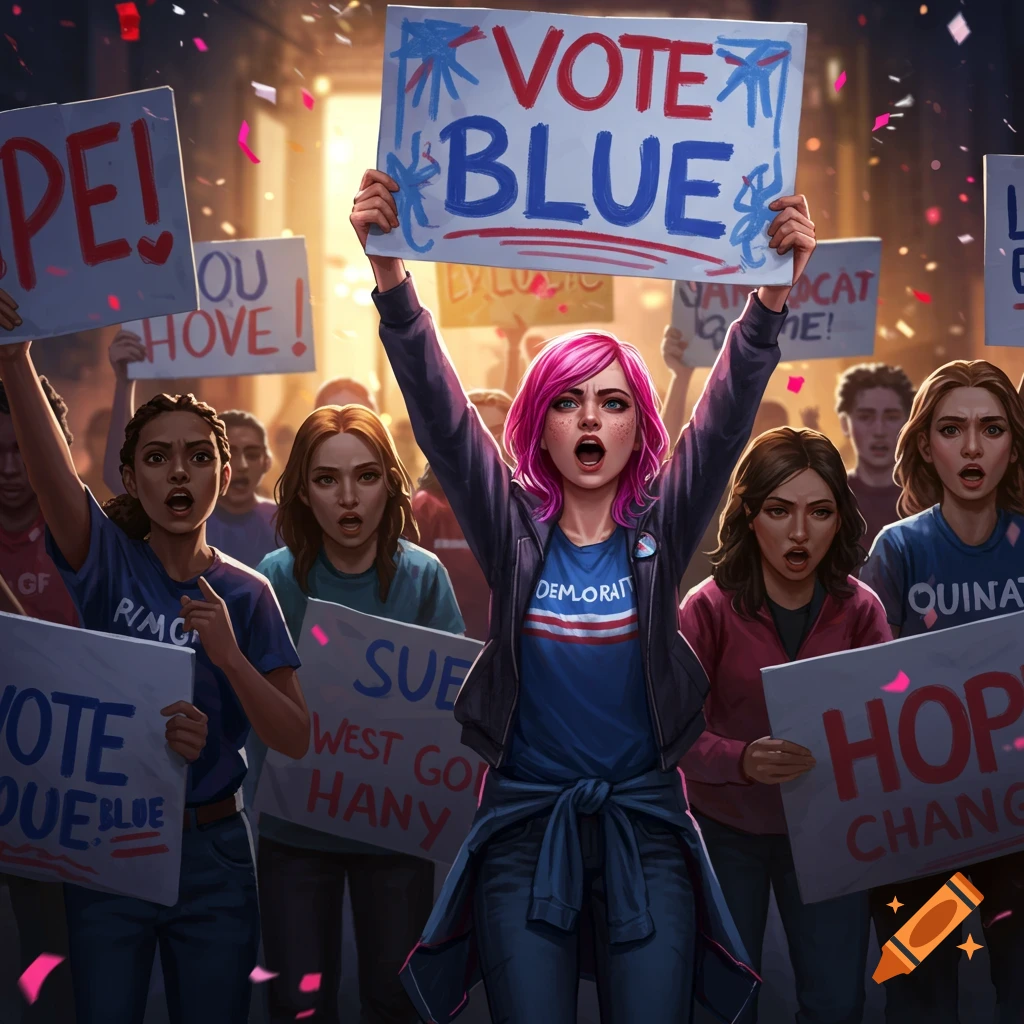 A crowd of diverse people holds protest signs. A woman with pink hair ...