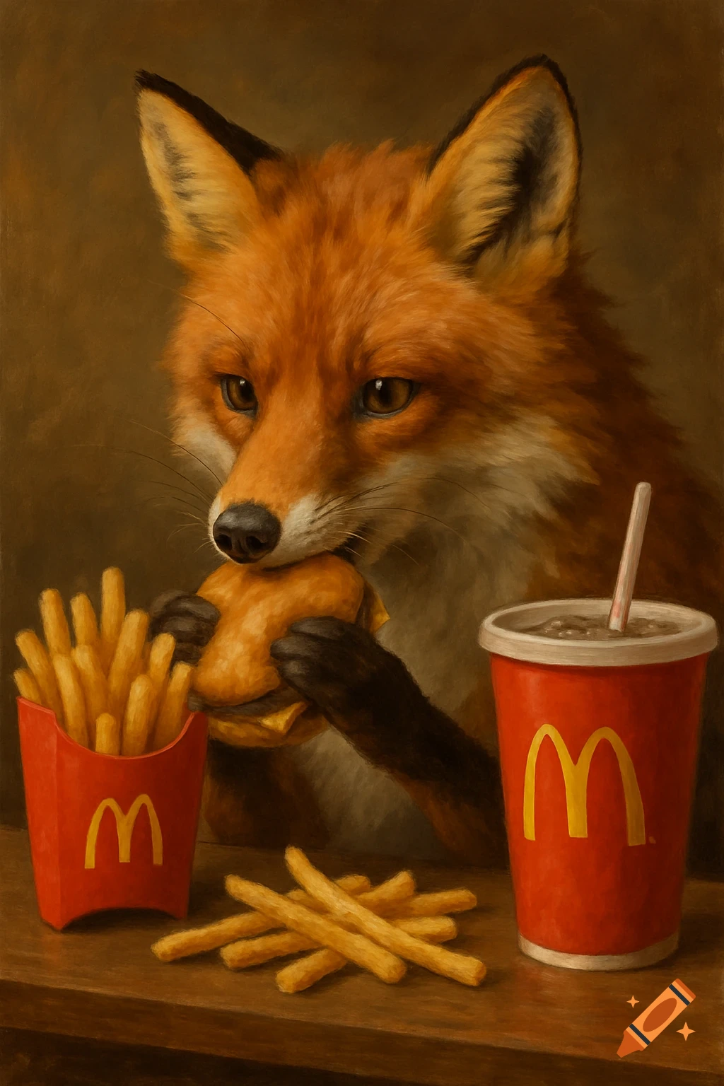 A fox eats a burger and fries from McDonald's. on Craiyon