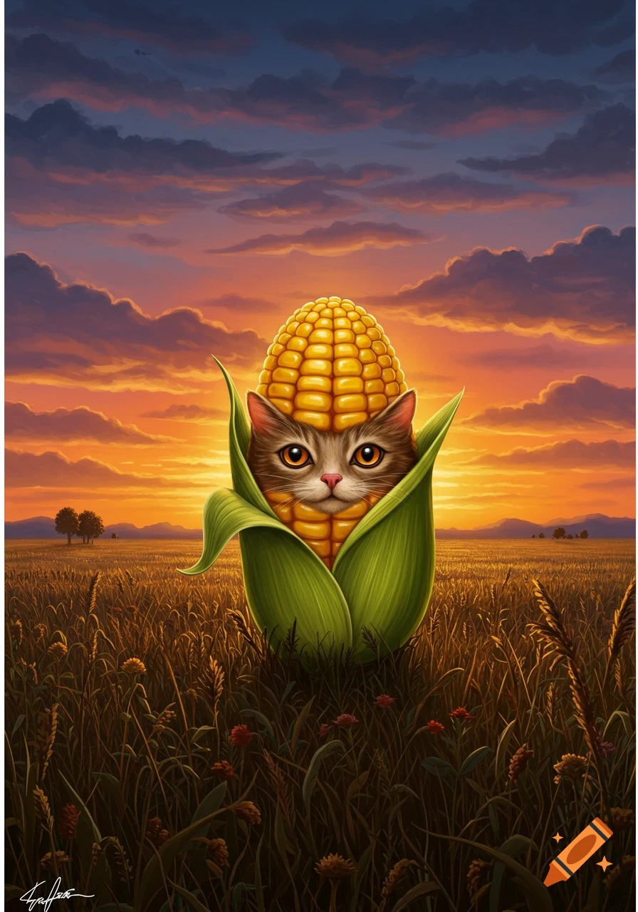 Italian brain rot cat-corn character in prairie sunset on Craiyon