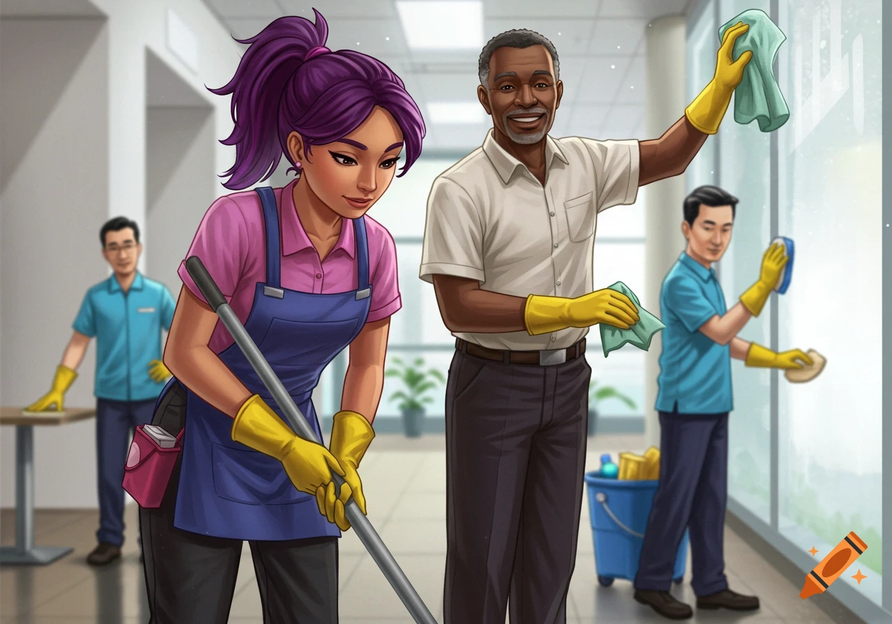 A cleaning crew is mopping floors and cleaning windows in a building. on Craiyon