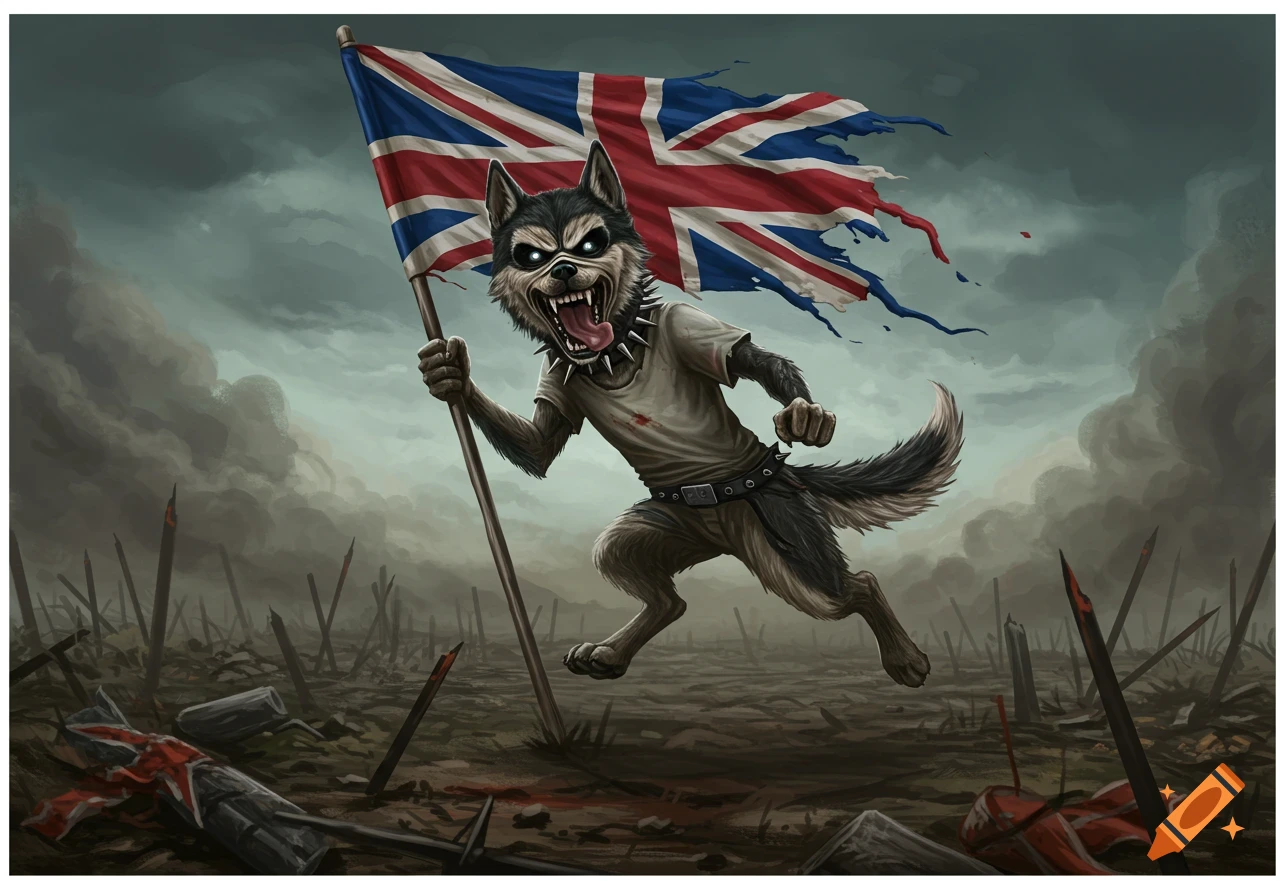 Husky dog as Iron Maiden's Eddie on battlefield on Craiyon