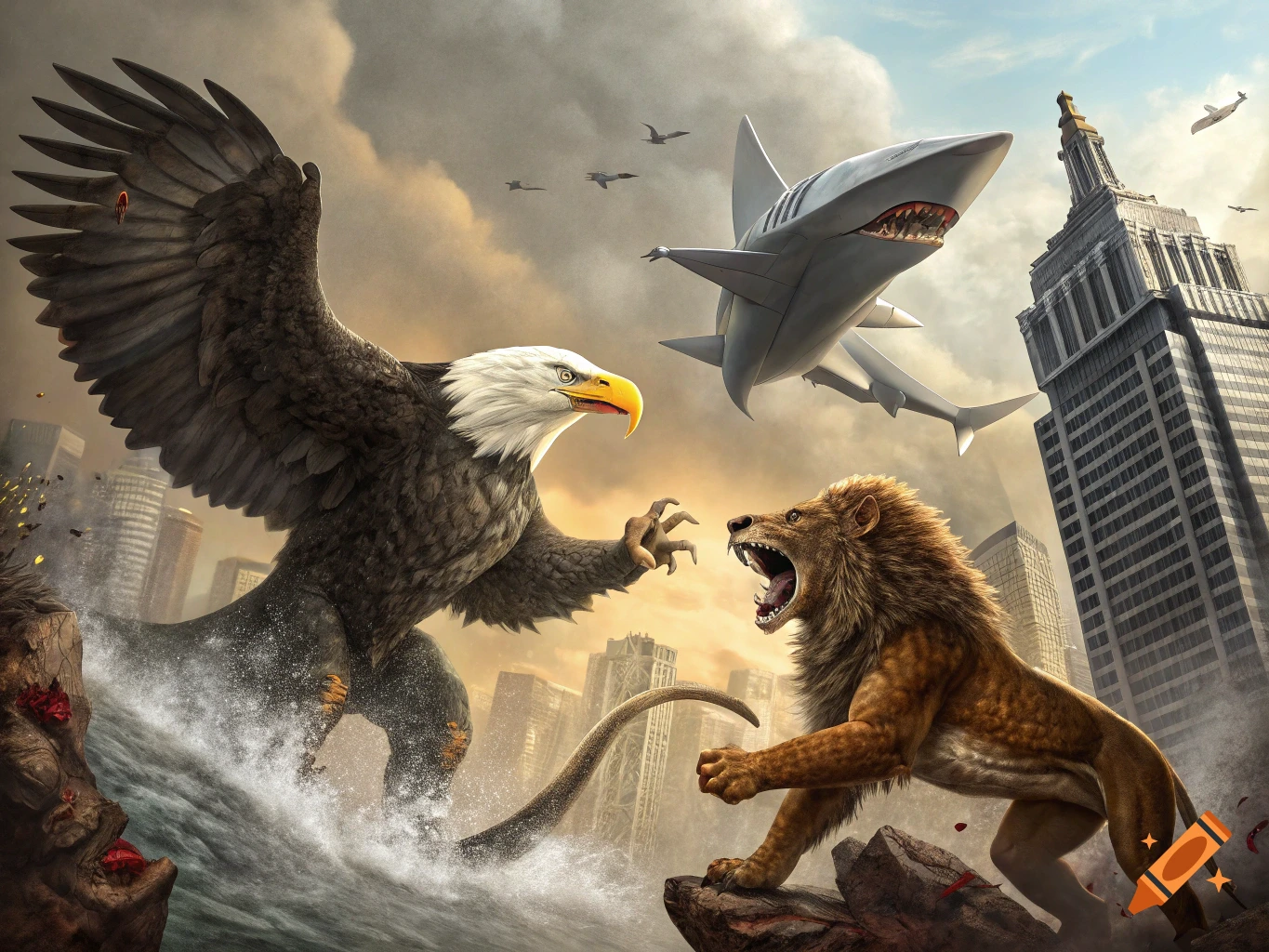 A giant mechanical silver swan breaks apart as it soars above a ...