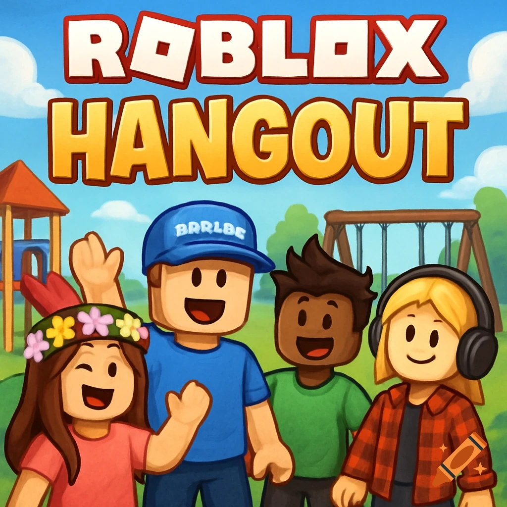 Roblox-style characters are playing in a playground with the title ...