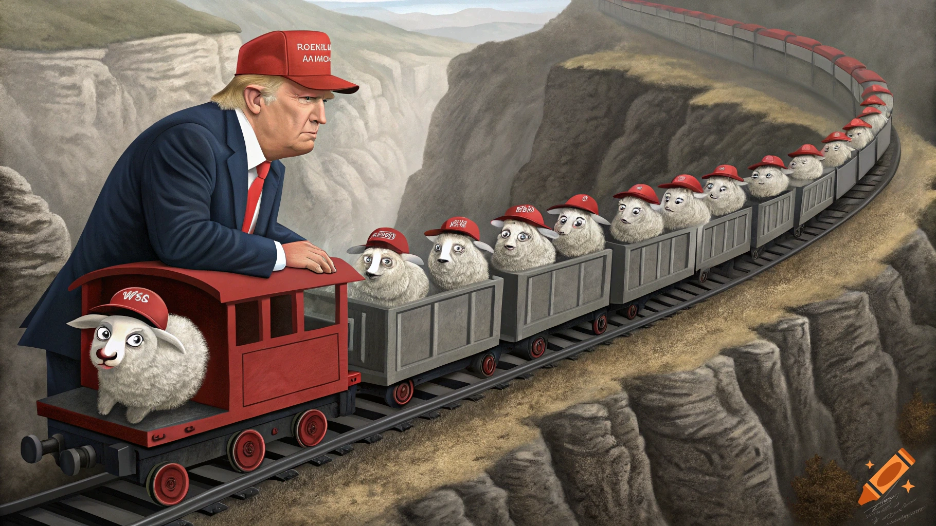 Illustration of Donald Trump leaning on a train car pulling sheep in ...